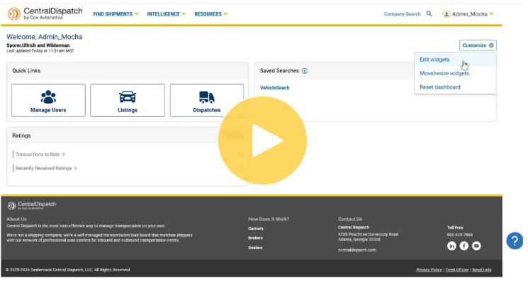 Customize your Dashboard - Central Dispatch
